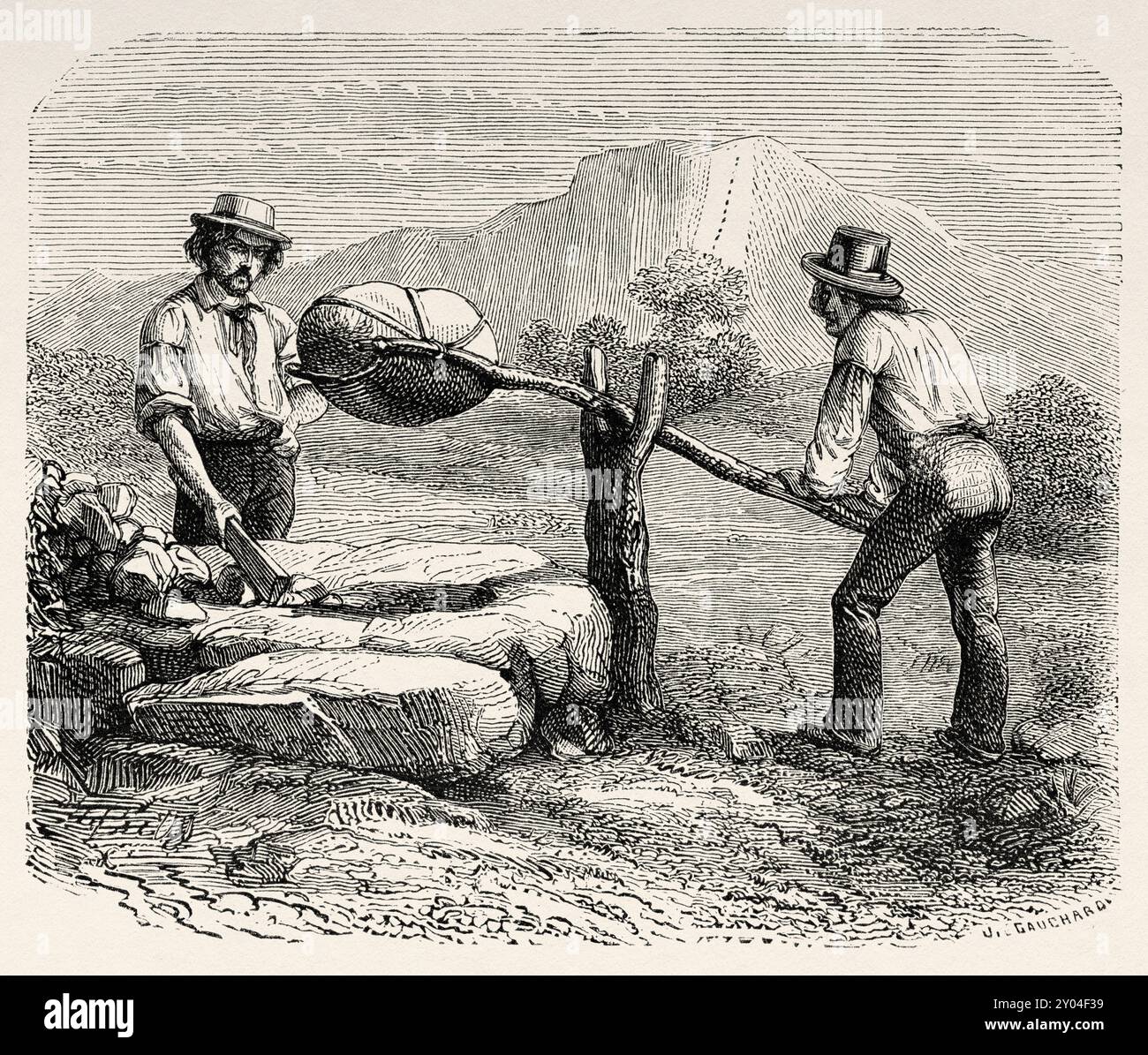 Grinding of ore using an old Mexican method, California. United States ...