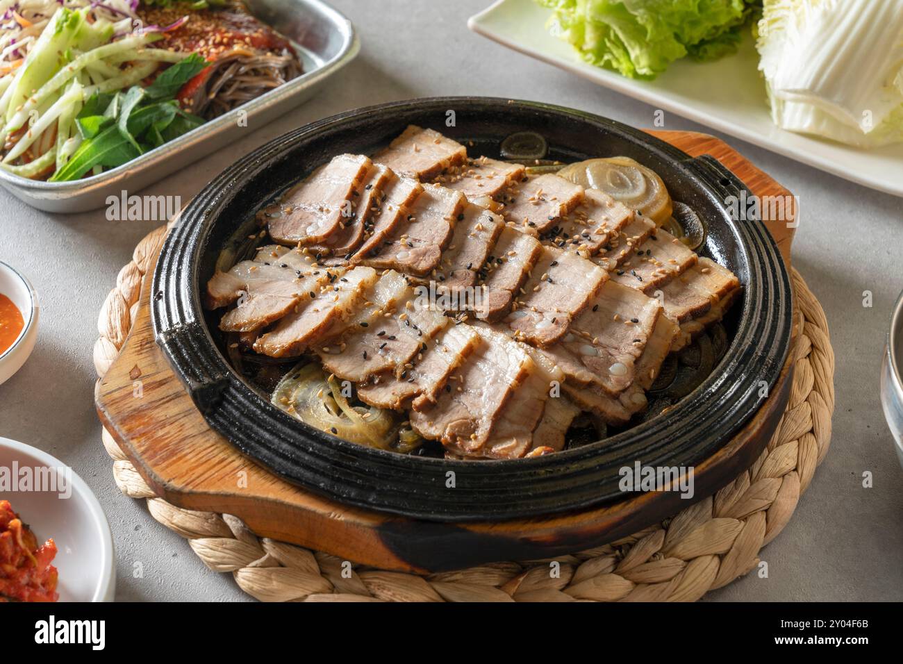 Jokbal, pork, steamed, spicy, tray, noodles, side dishes, salted shrimp ...