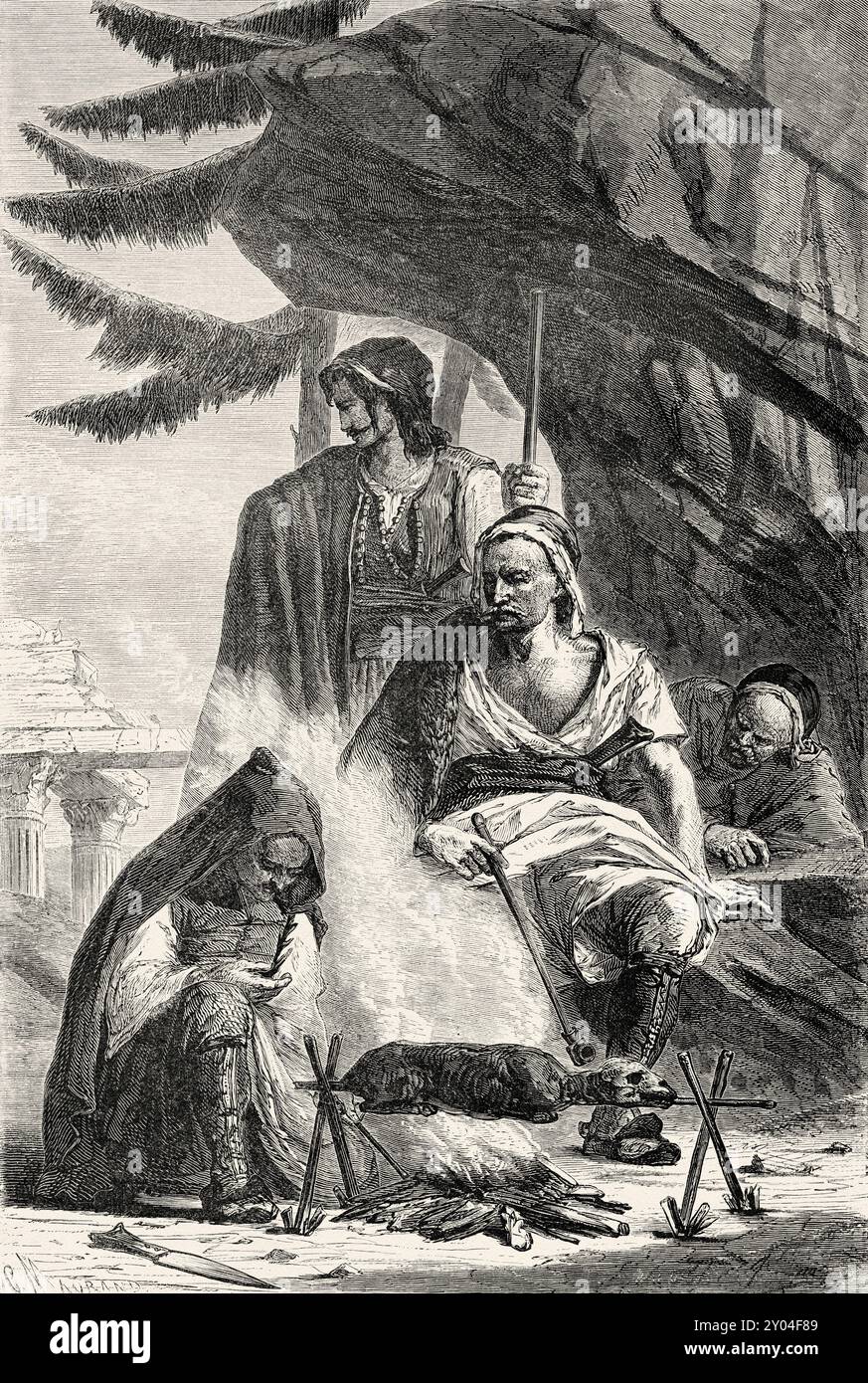 Ancient Greek shepherds dressed in traditional clothing cooking a lamb ...