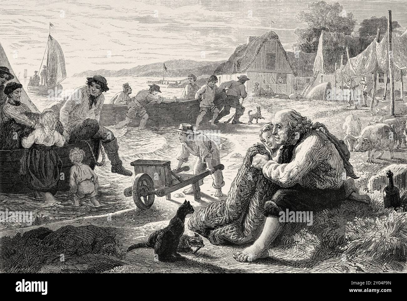 Danish fishermen, Denmark, drawing by Lorenz Frolich (1820-1908) from ...