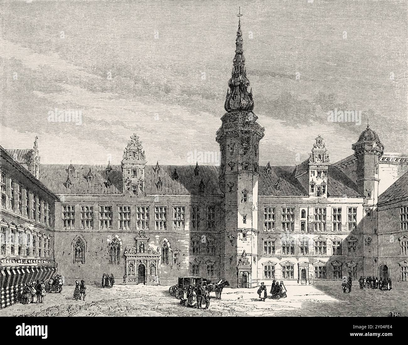 Interior courtyard of Kronborg castle, Helsingor, Denmark, drawing by ...