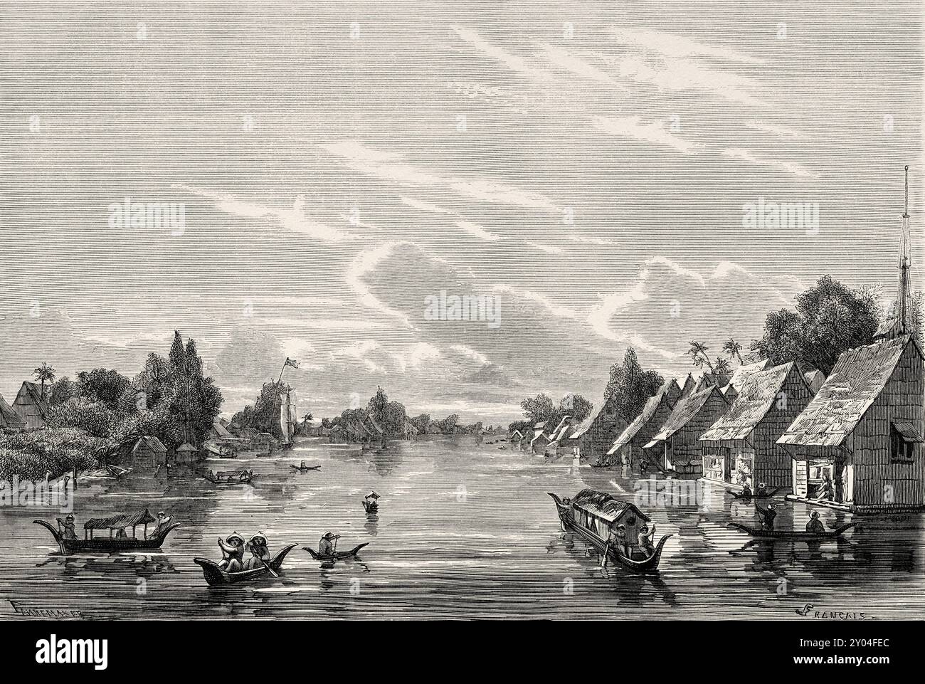 Banjarmasin in 1850´s. Borneo Island, Malaysia, drawing by Louis ...