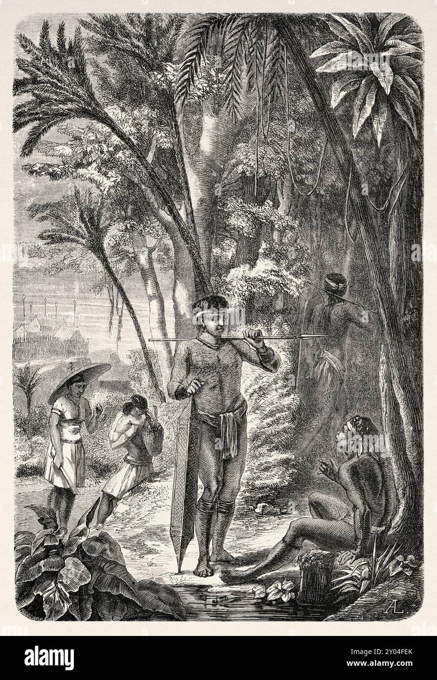 Dyaks peoples n typical dress. Borneo Island, Malaysia, drawing by ...
