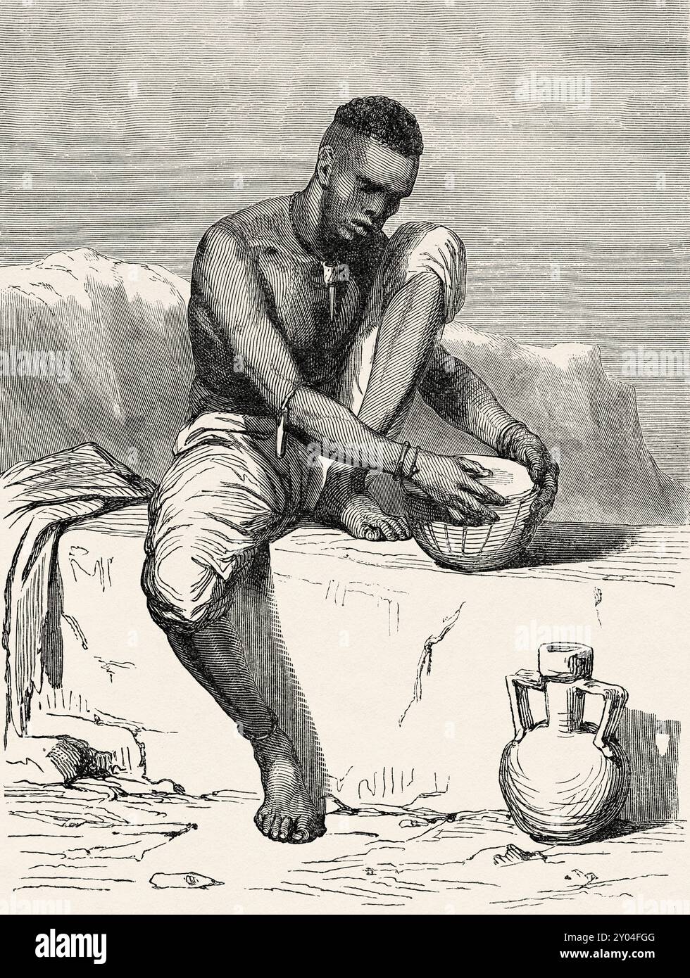 Baggara man repairing a drum, Ethiopia, Africa. Drawing by Karl ...