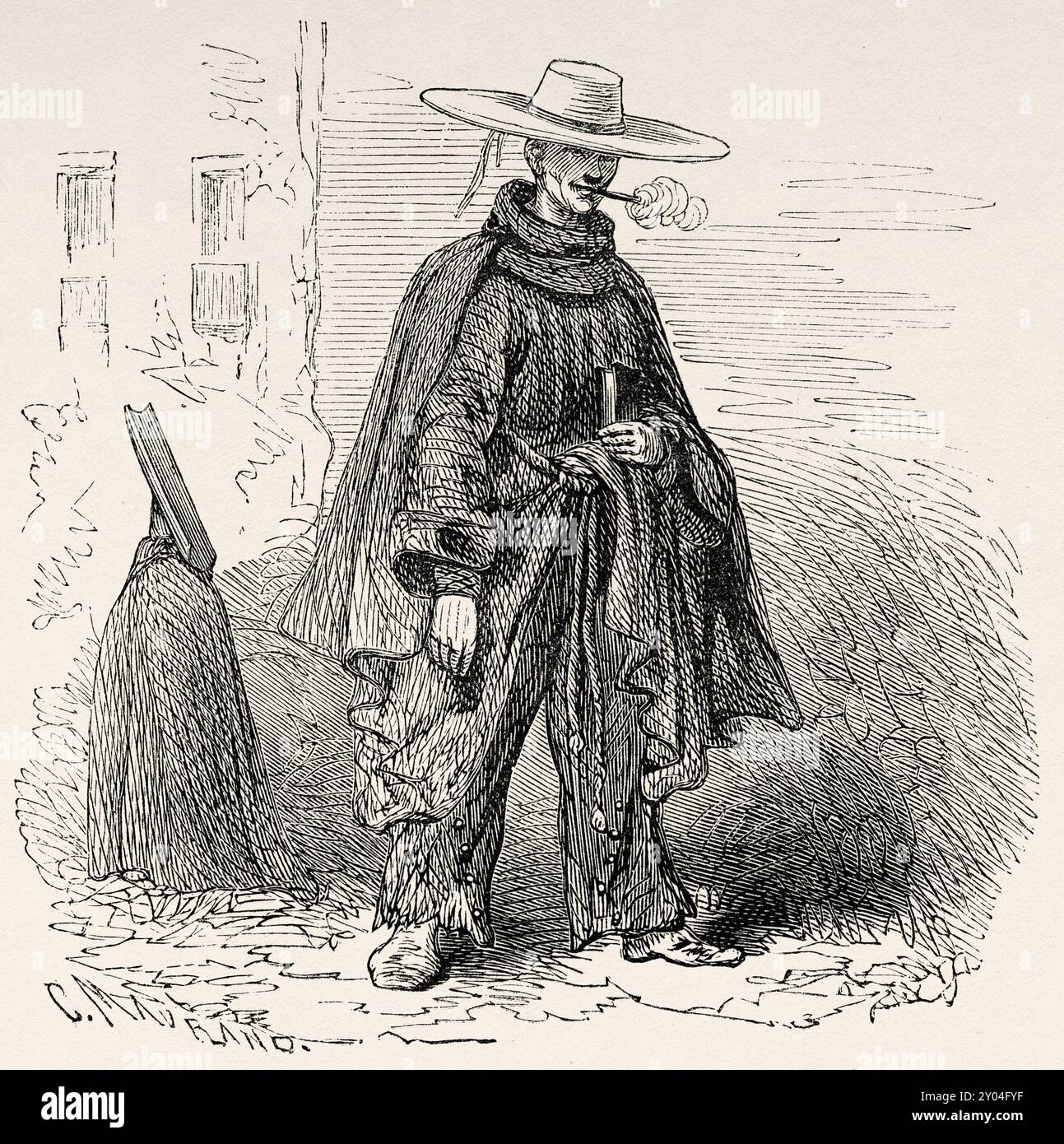 Mexican monk wearing travelling clothes, Guanajuato, Mexico, drawing by ...