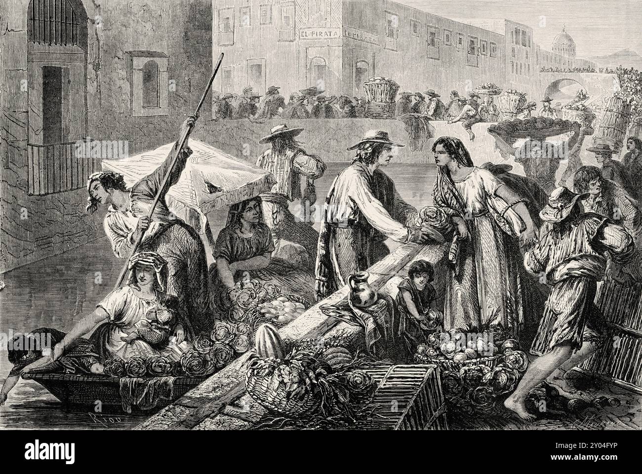 Roldan bridge market and Viga canal, Colonia Jamaica. Mexico City, drawing by Edouard Riou (1833 ...