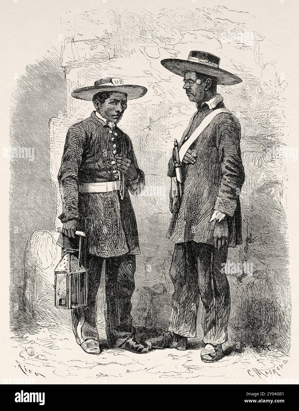 Serenos, night guards in Mexico City, drawing by Edouard Riou (1833-1900) Travel in Mexico, 1854 ...