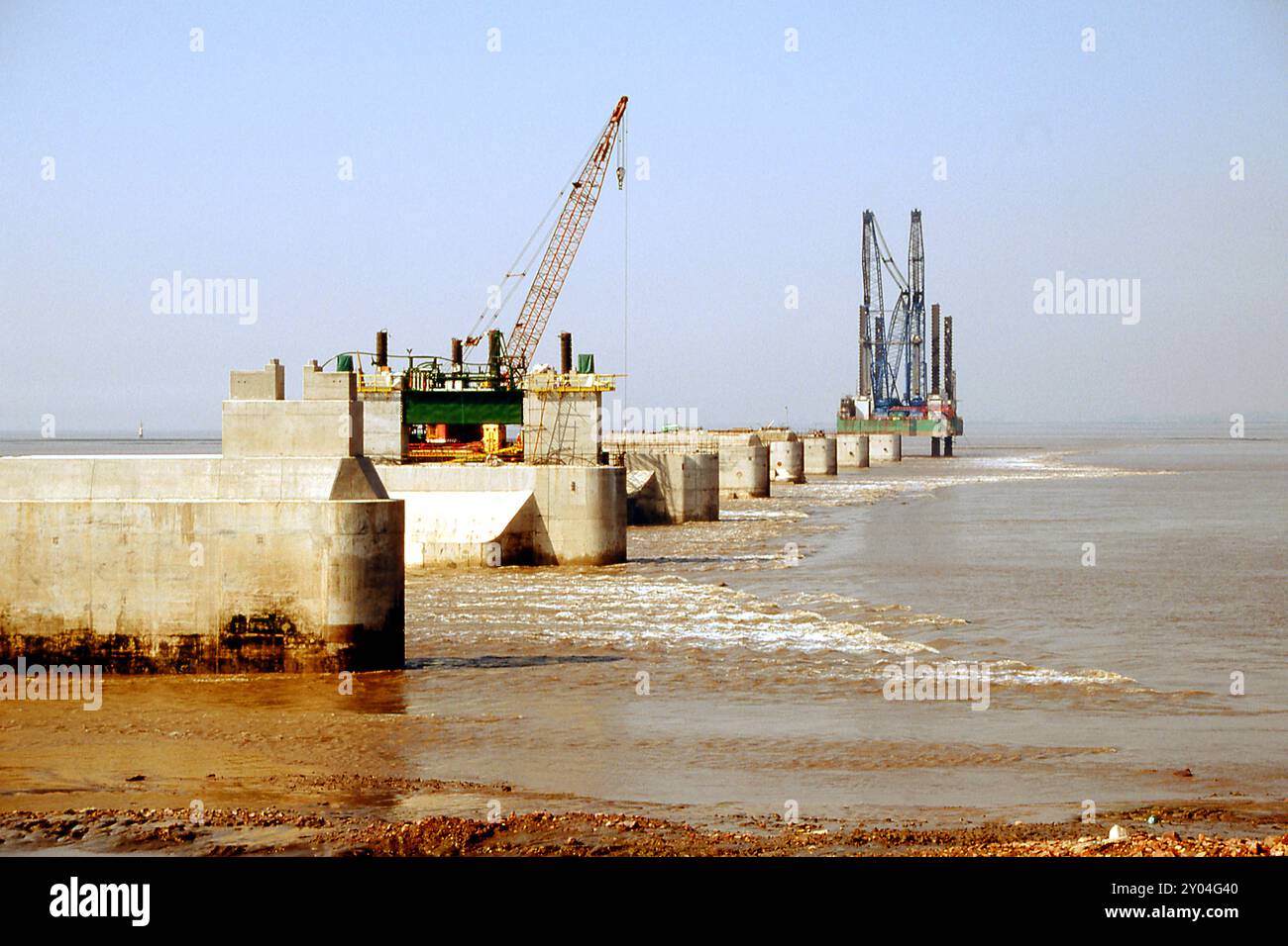 Row of caissons going out into the Severn Estuary with the Lampson ...
