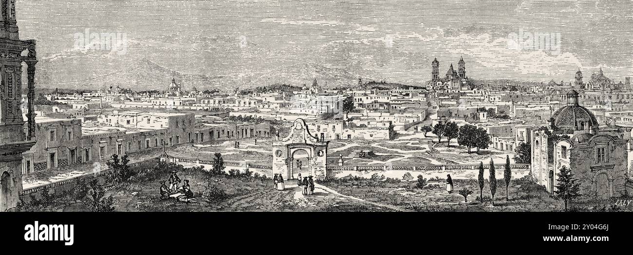 General panoramic view of the city of Puebla, Mexico, drawing by Enrico ...