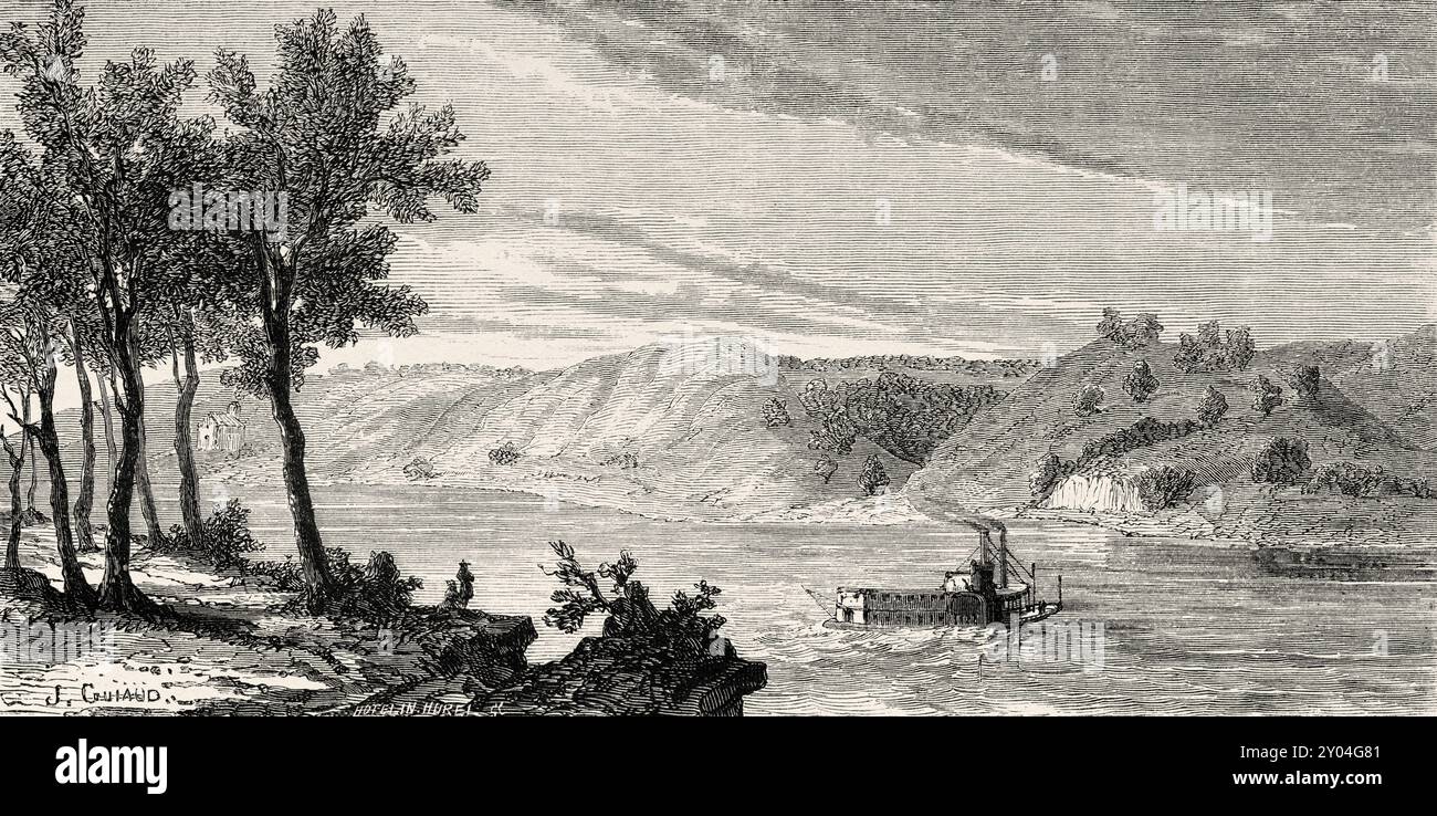 Ancient panoramic view from a bank of Missouri river. Unites States of ...