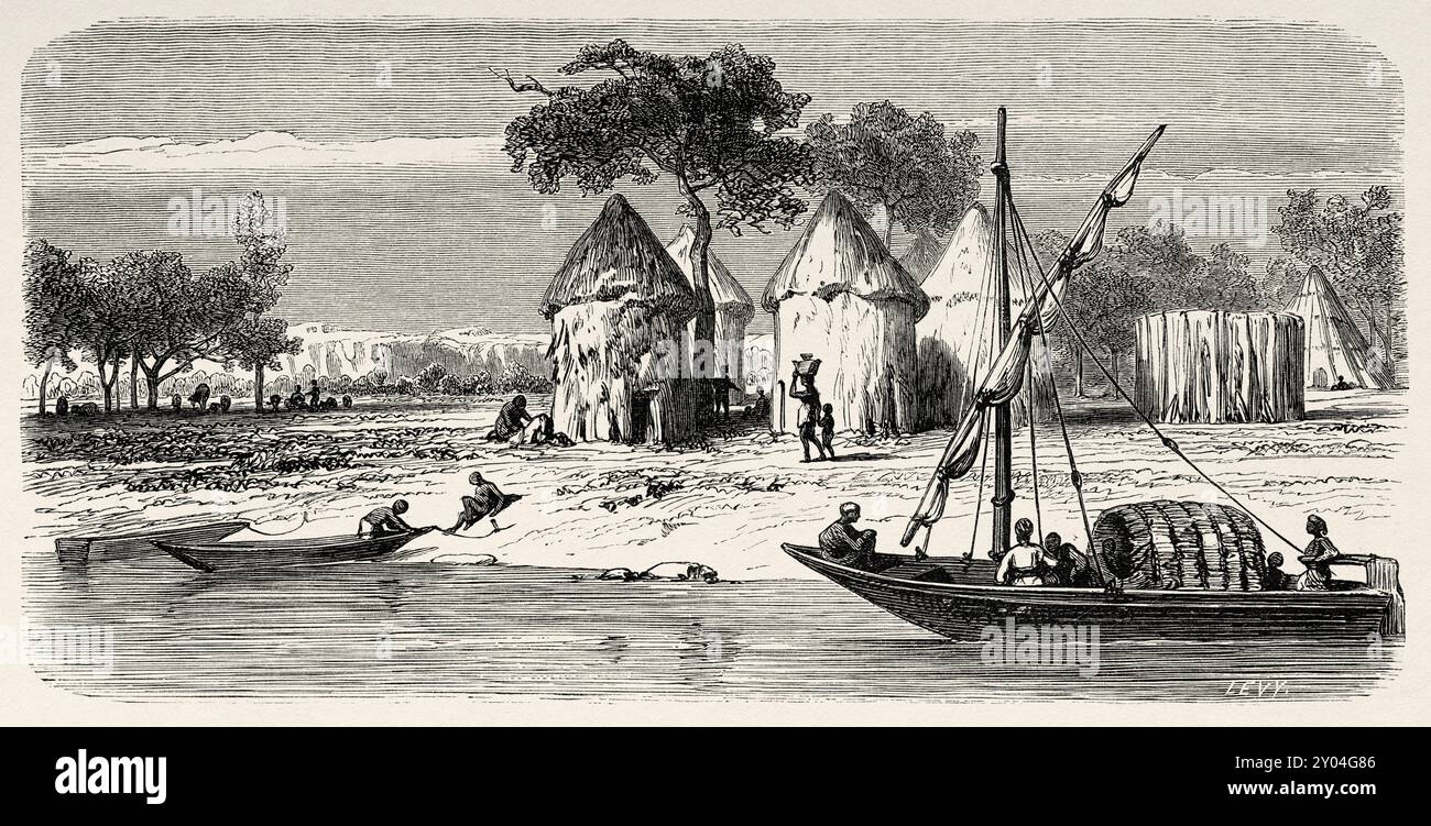 Ancient African village life along the shore of White Nile, Sudan ...