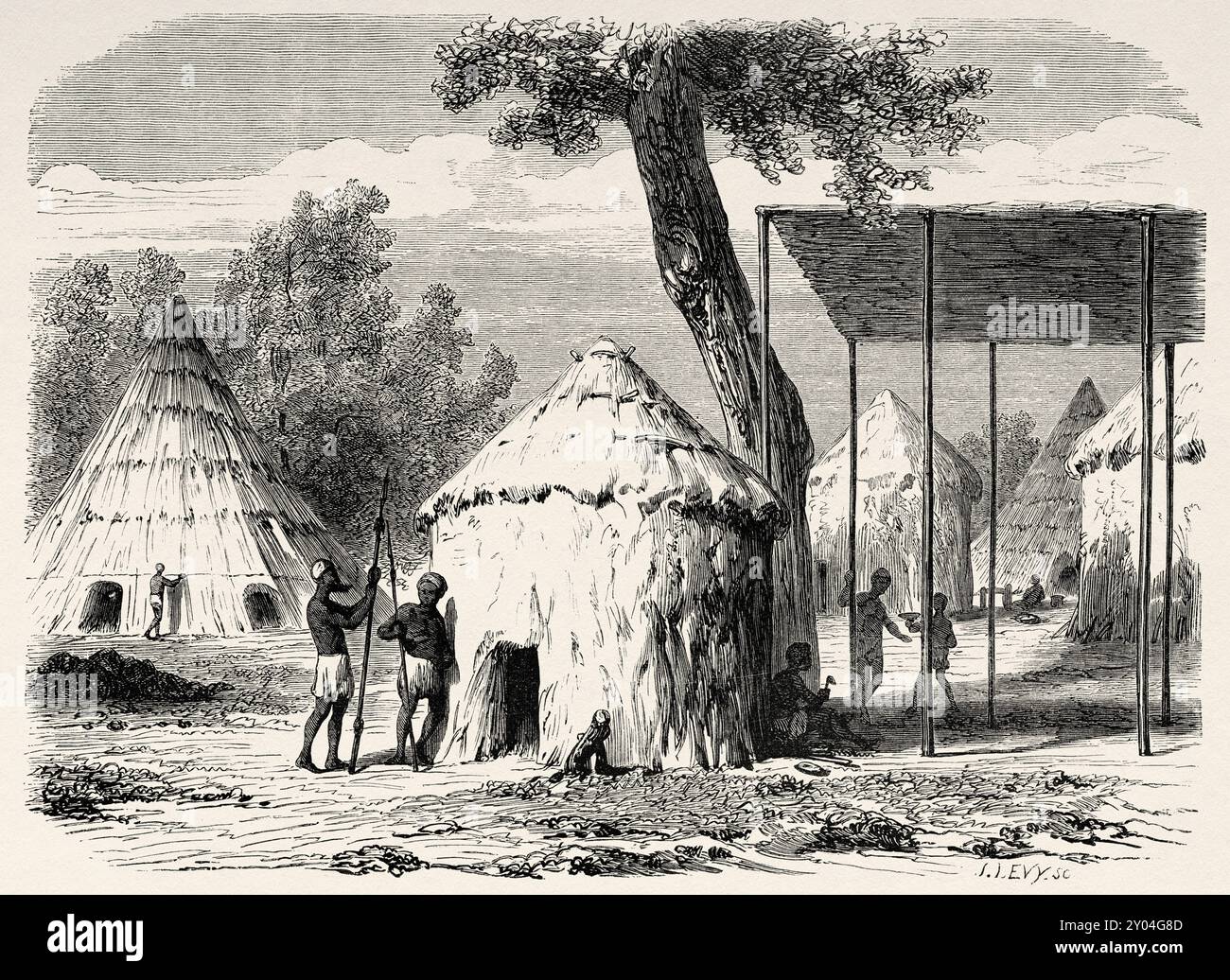 Old Djour village, Bahr-el-Gazal region, Sudan. Africa, drawing by Karl ...
