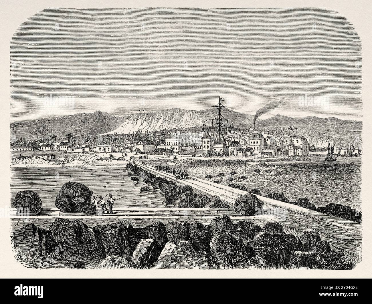Old view of Saint-Pierre port, Reunion island. Western Indian Ocean ...