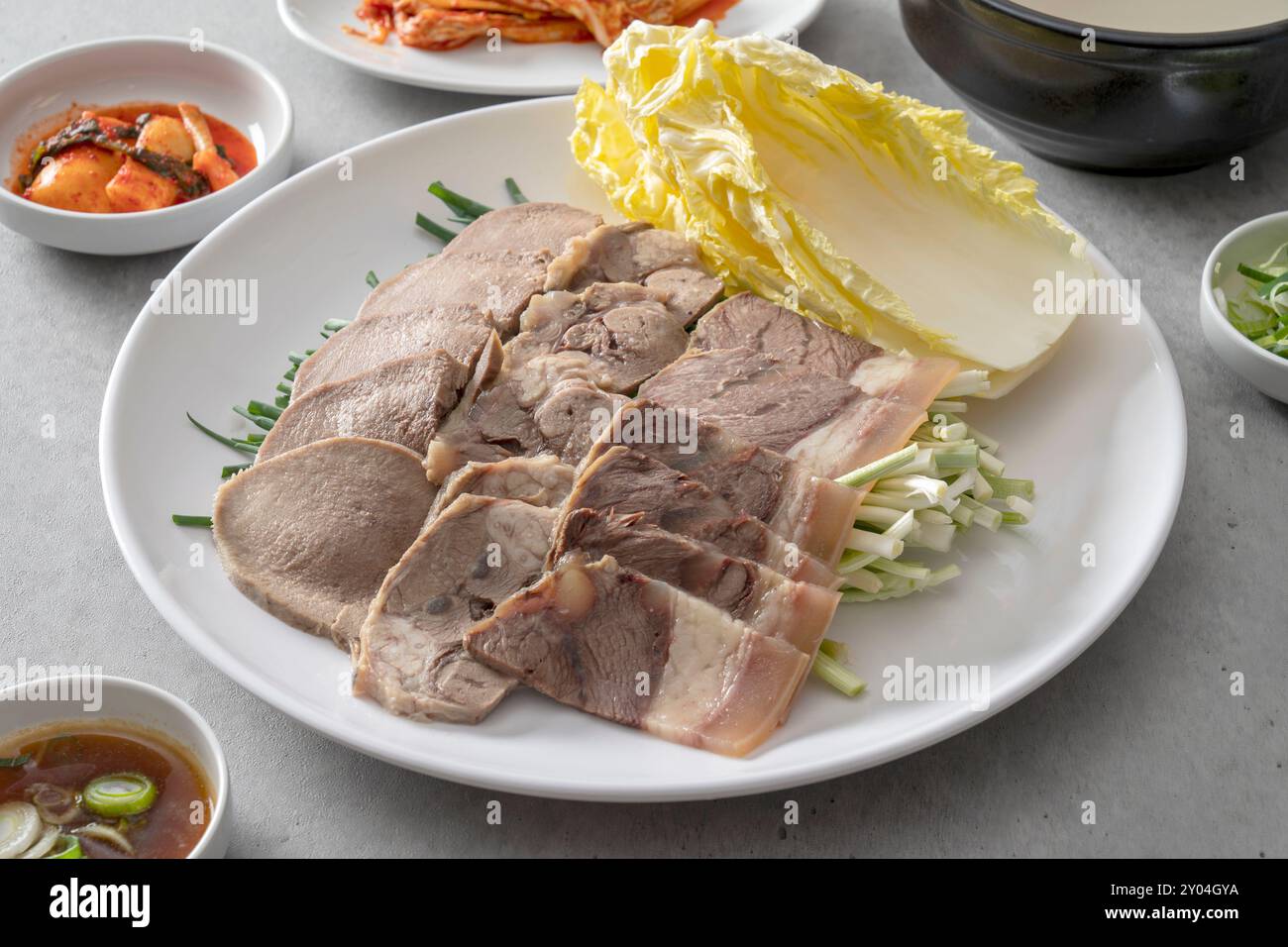 Korean food dish Beef head gukbap, boiled pork, beef, yukgyejang, side ...