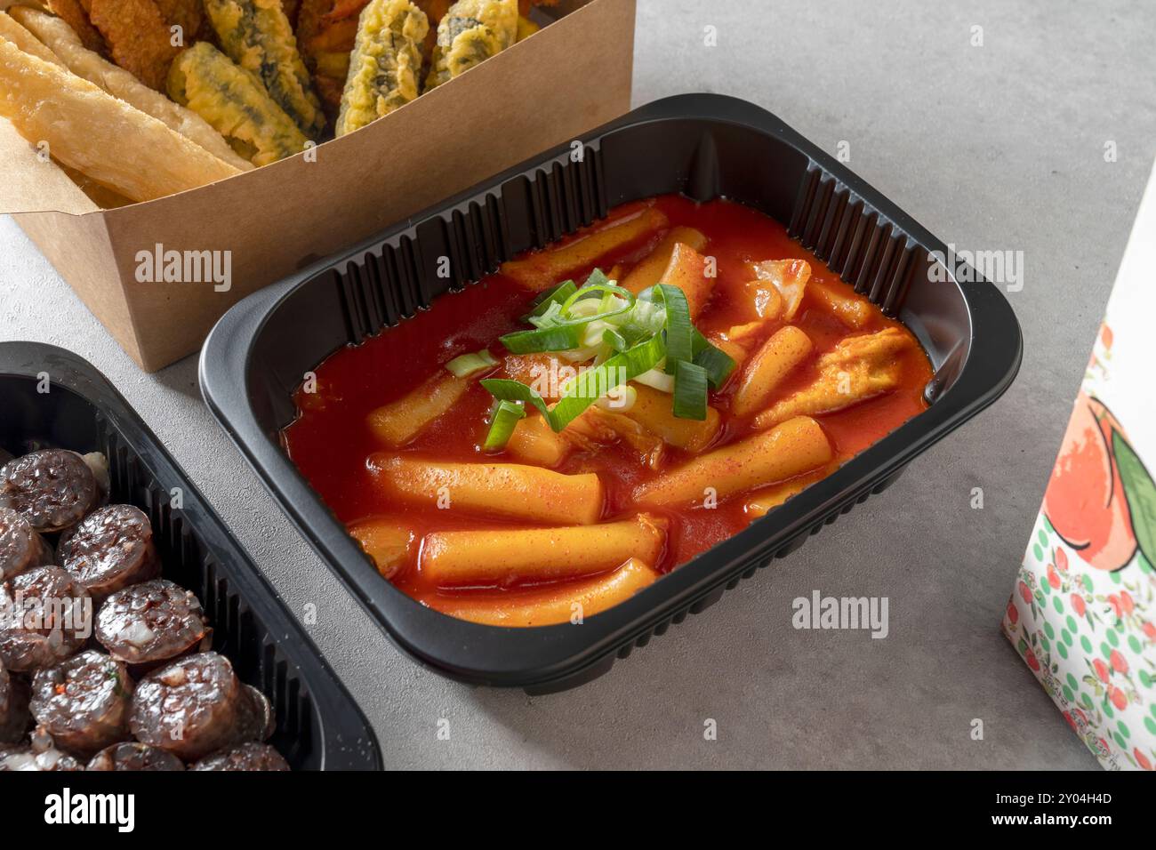 Fish cake soup, tteokbokki, spicy potato pancake, red pepper fries ...