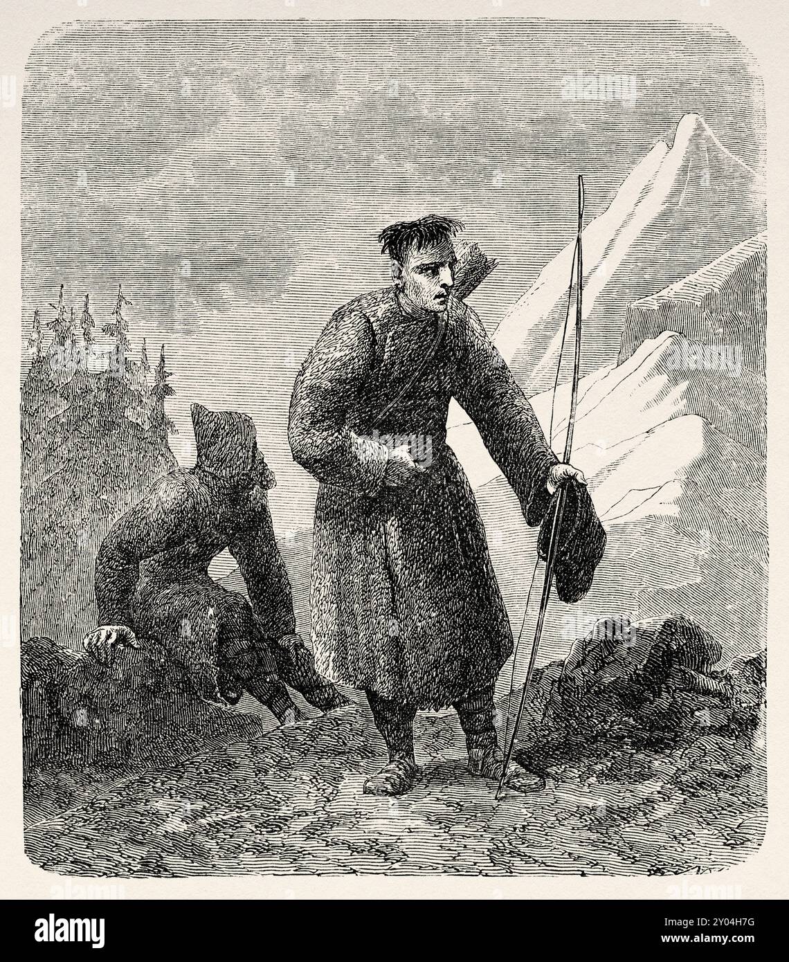 Samoyed men with bow and arrows, Siberia, Russia. Drawing by Claude ...