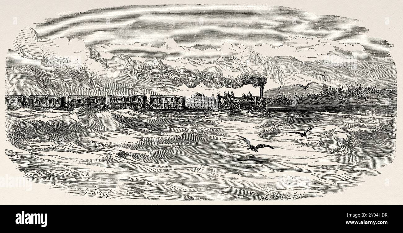 Steam train arriving in Barcelona, Catalonia. Journey to Spain, 1862 by ...