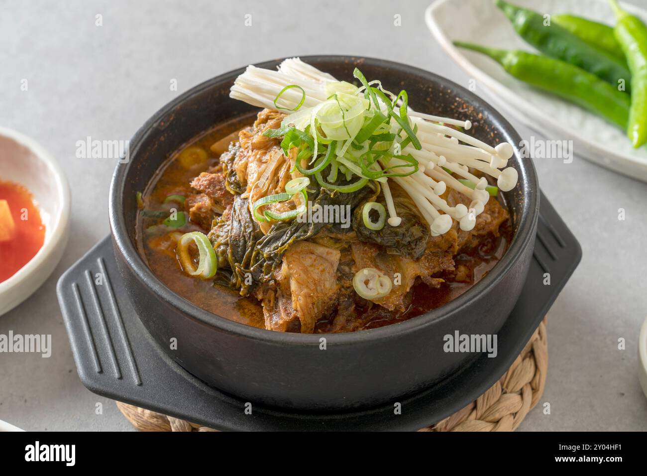 Korean food, gamjatang, pork backbone, soup, aged kimchi, earthen pot ...