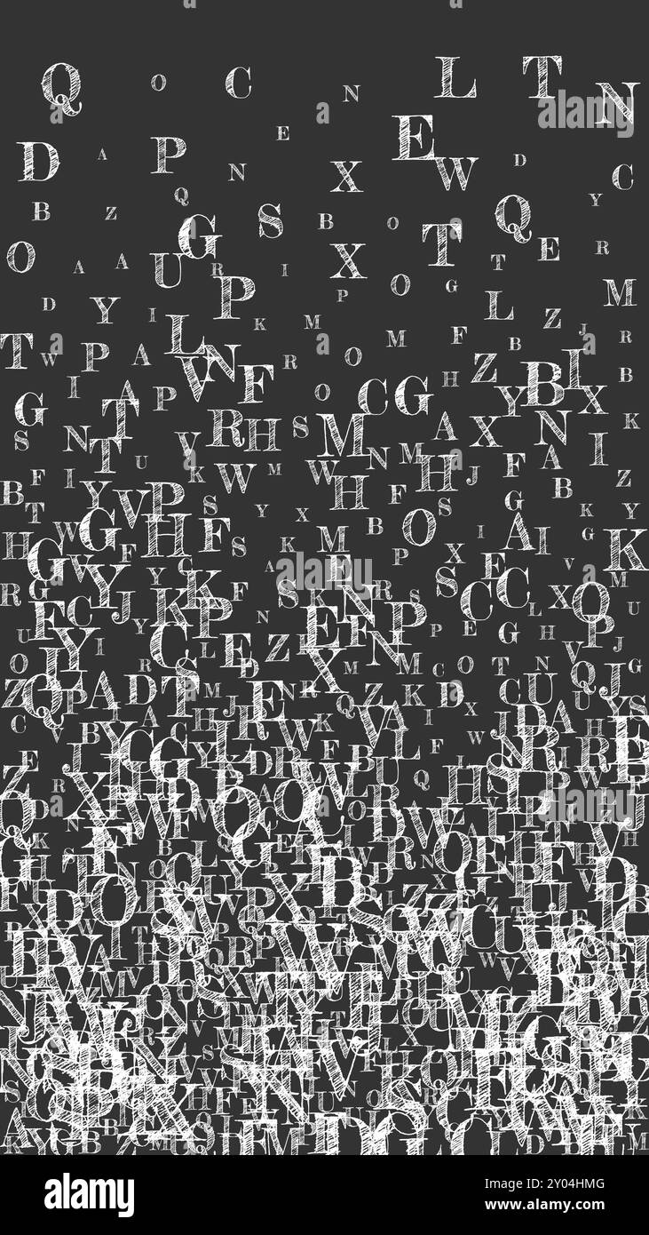 School notebook cover. White chalk floating letters of Latin alphabet ...