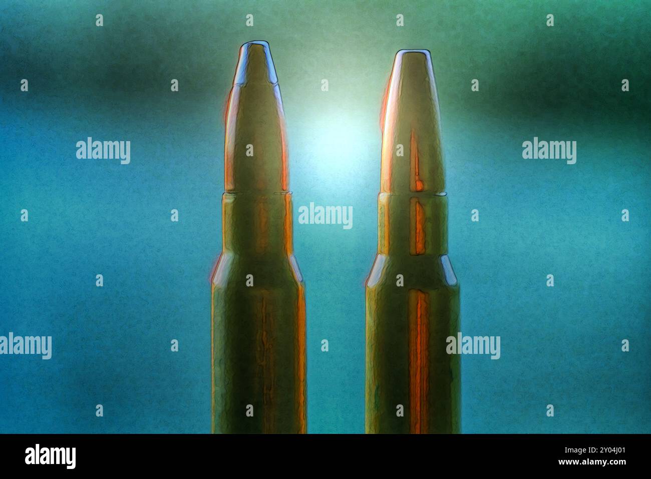 Two shining hunting rifle cartridges, captured in soft backlight. In ...