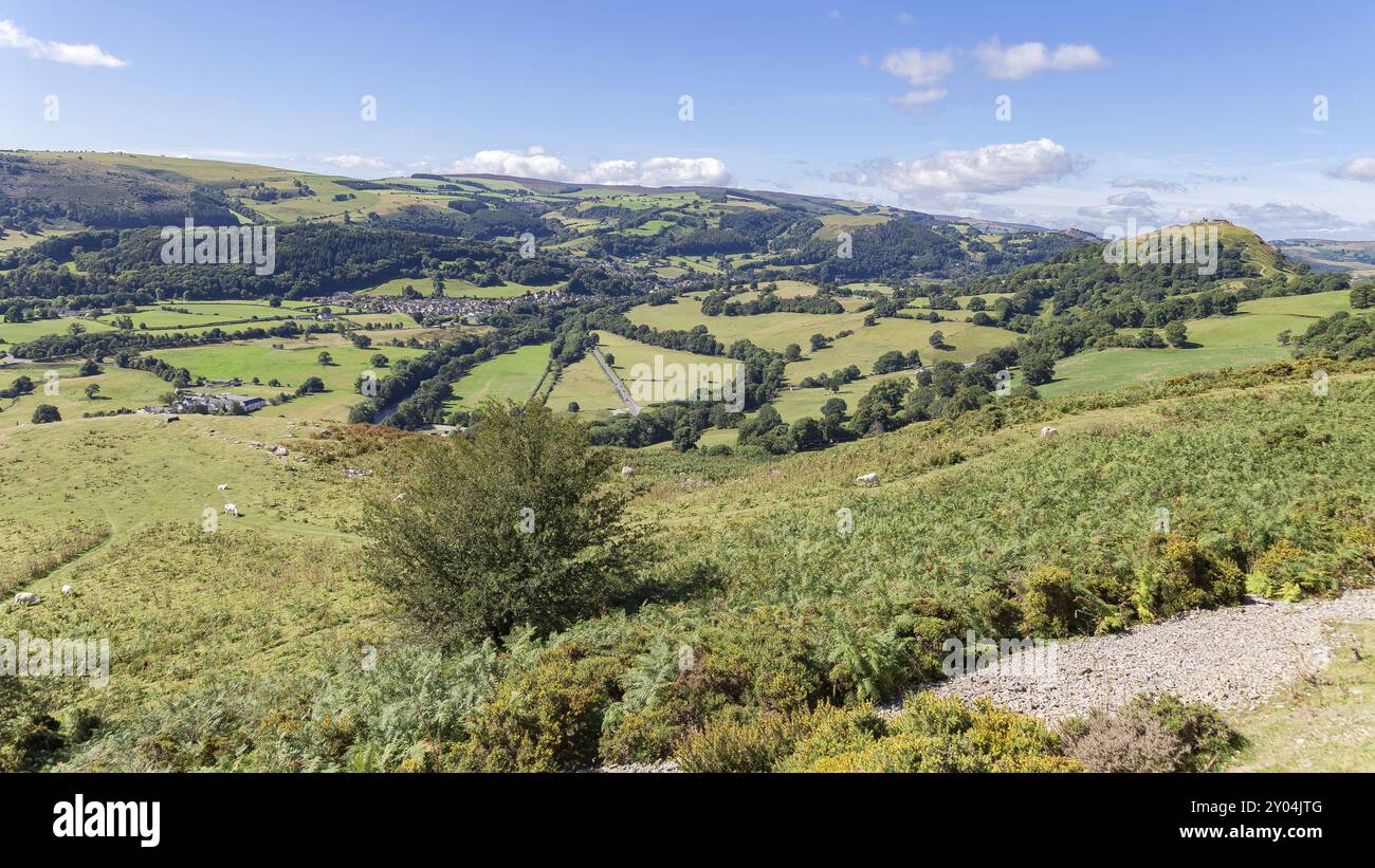 Denbigshire landscape with Llangollen and Castell Dinas Bran seen from ...