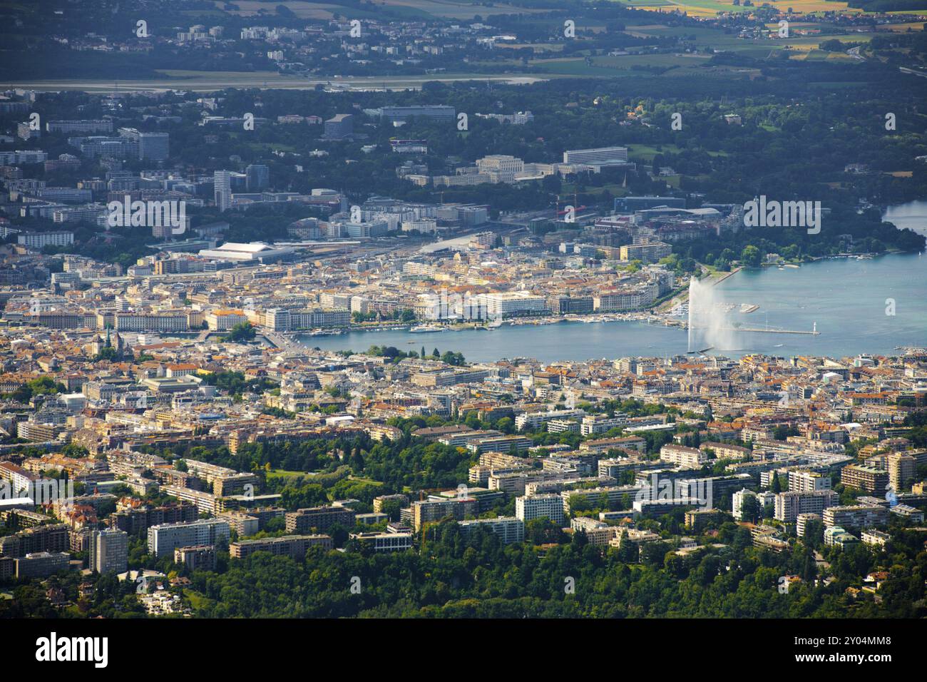 A beautiful aerial view of the city of Geneva and Lake Geneva with its ...