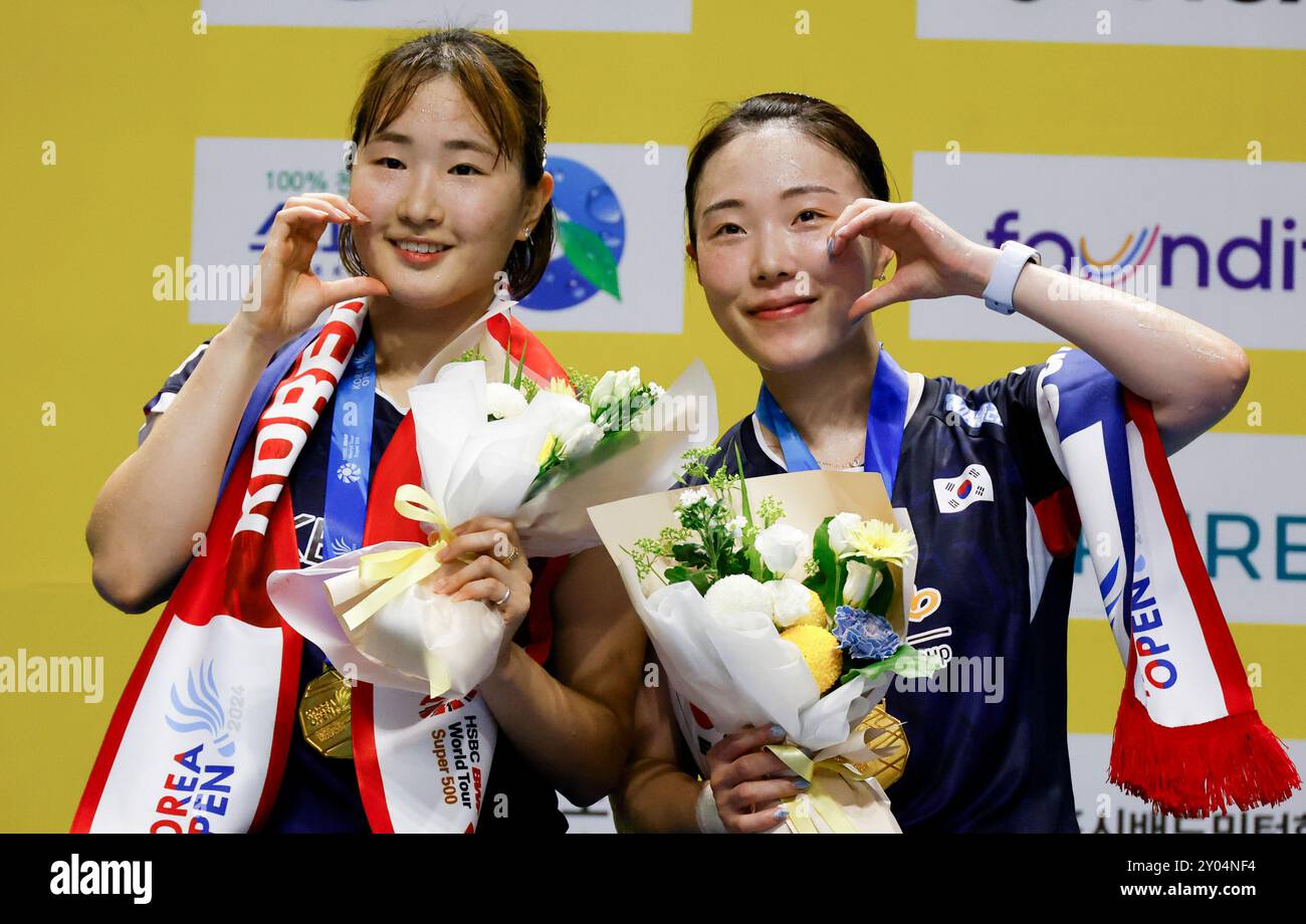 Mokpo, South Korea. 1st Sep, 2024. Jeong Na Eun (L)/Kim Hye Jeong of South Korea pose for photo ...