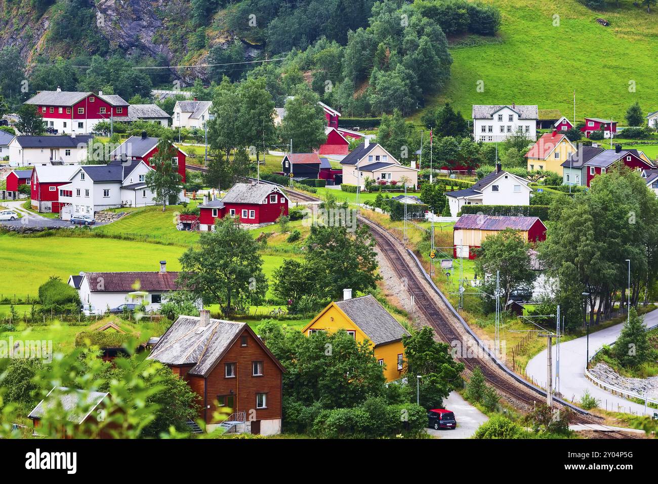 Norwegian fjord village landscape near Flam, Norway and Myrdal railway. Tourism vacation and ...