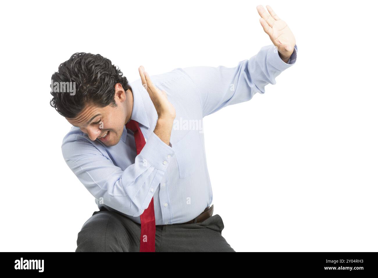A male hispanic victim white collar office worker protecting himself ...