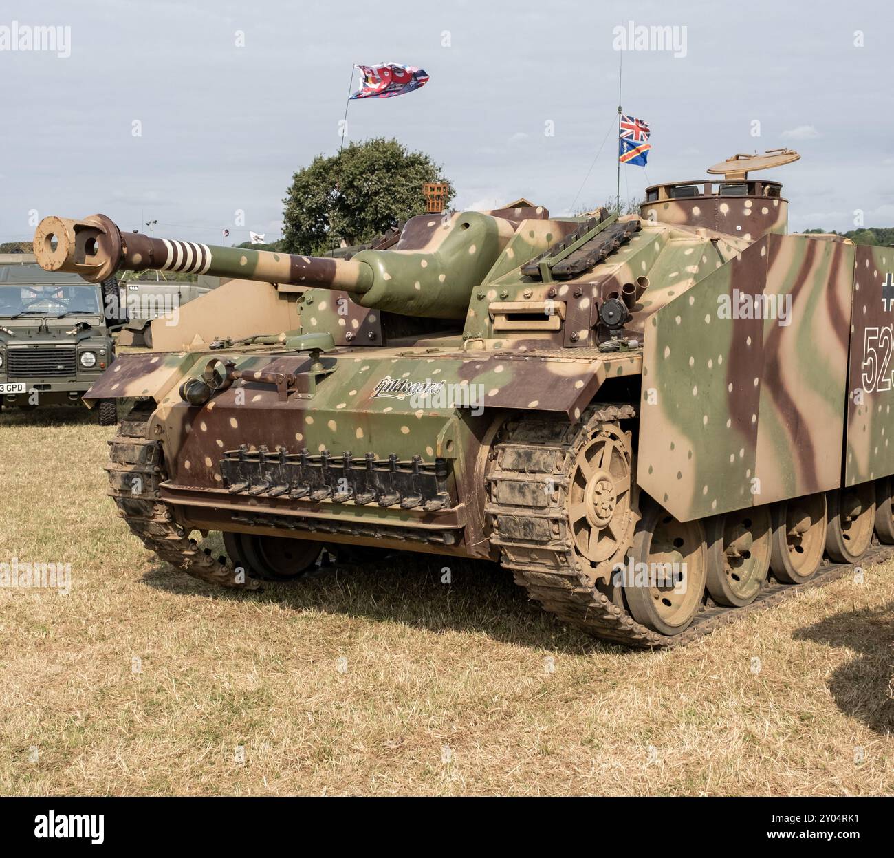 Close up of a military tank and armoured vehicle on display at a public ...