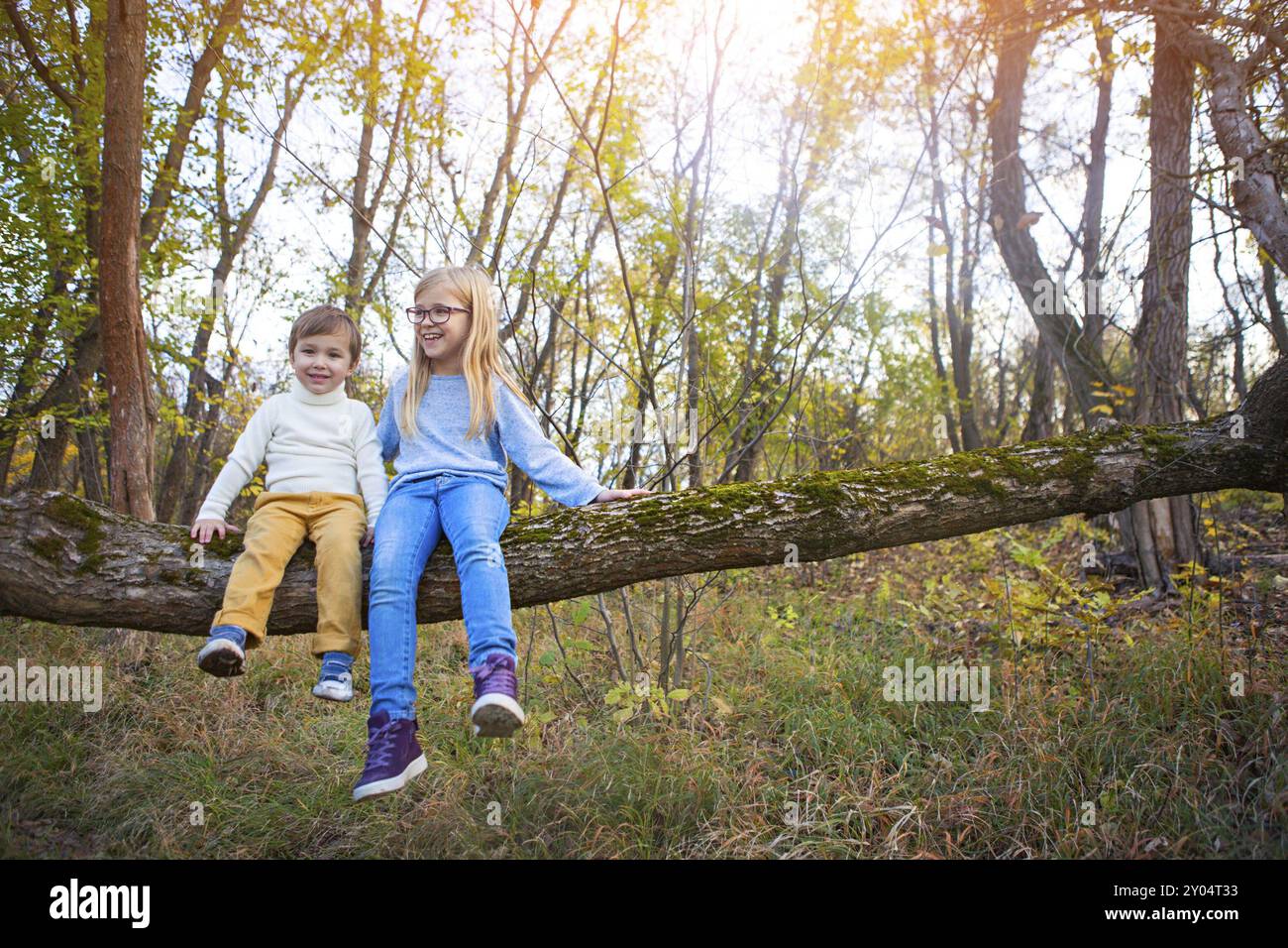 Kids play in autumn park. Little brother and his sister sitting on the ...