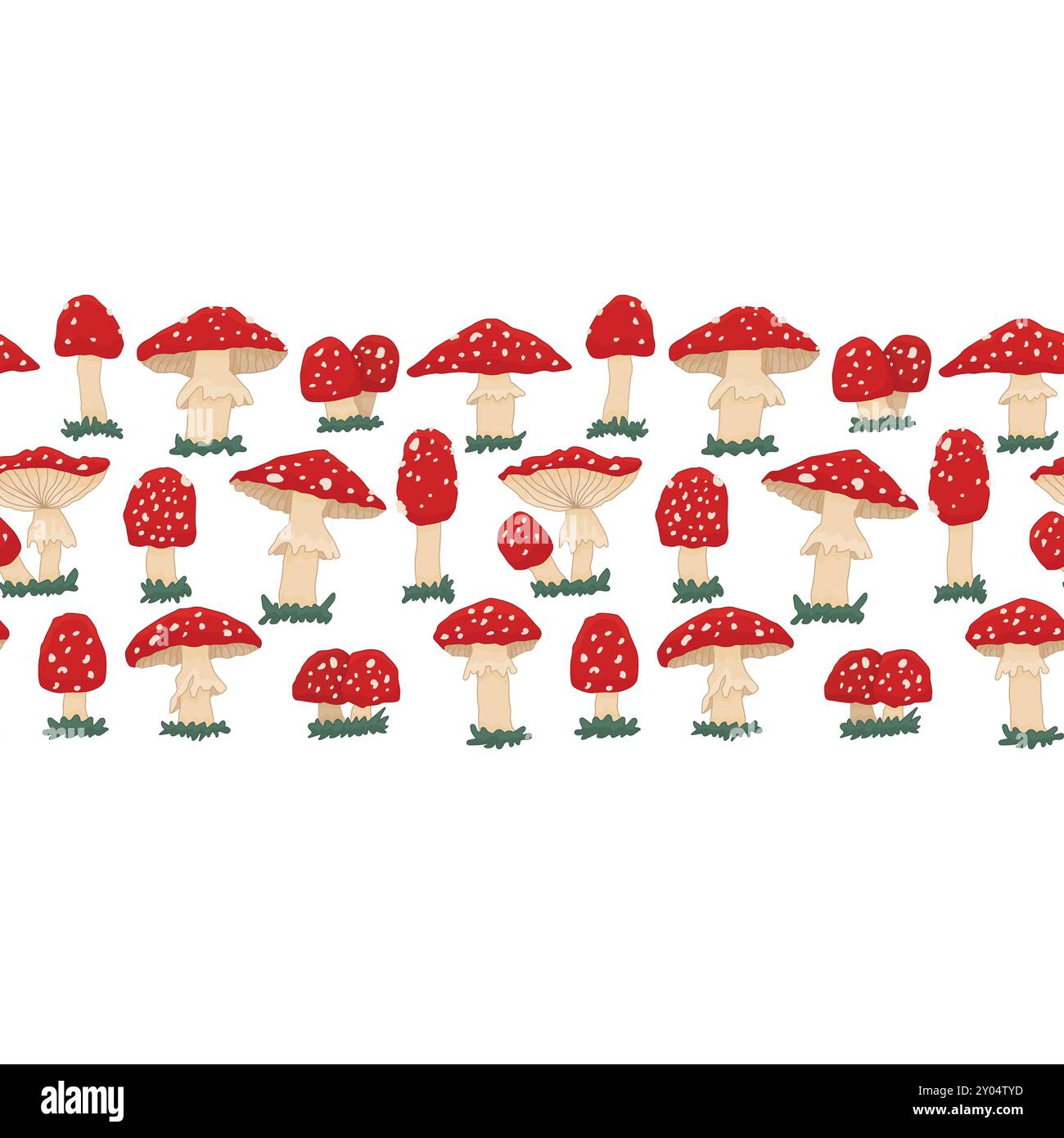 Horizontal repeatable border of Red cute amanita mushrooms with grass ...