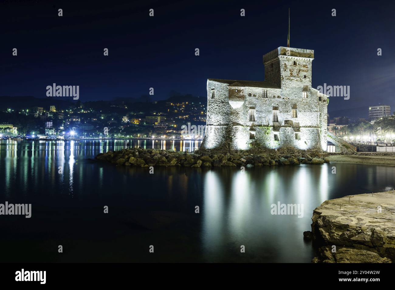 The ancient castle of Rapallo, built on the ligurian sea illuminated by ...