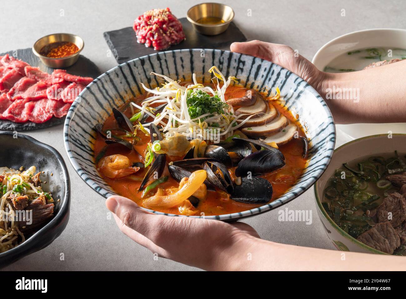 Korean food dish Seolleongtang, gomtang, stir-fried Korean beef stew ...