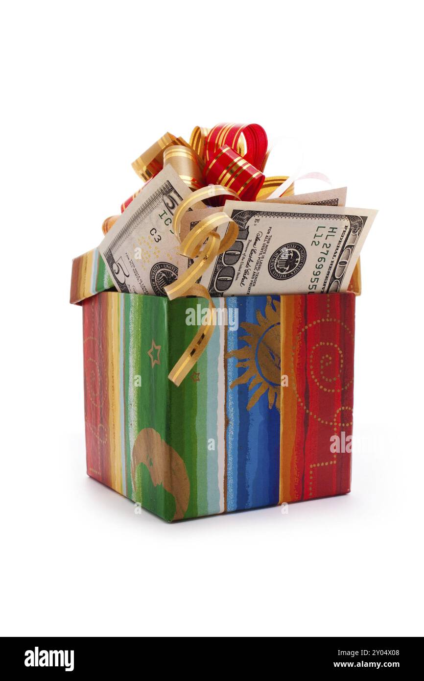 Gift box full of dollar bills isolated on white Stock Photo - Alamy