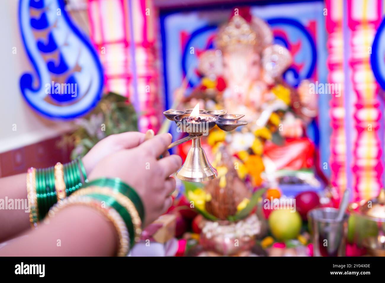 Indian Traditional Pooja Light for Festivals . Ganesh Chaturthi. blur ...