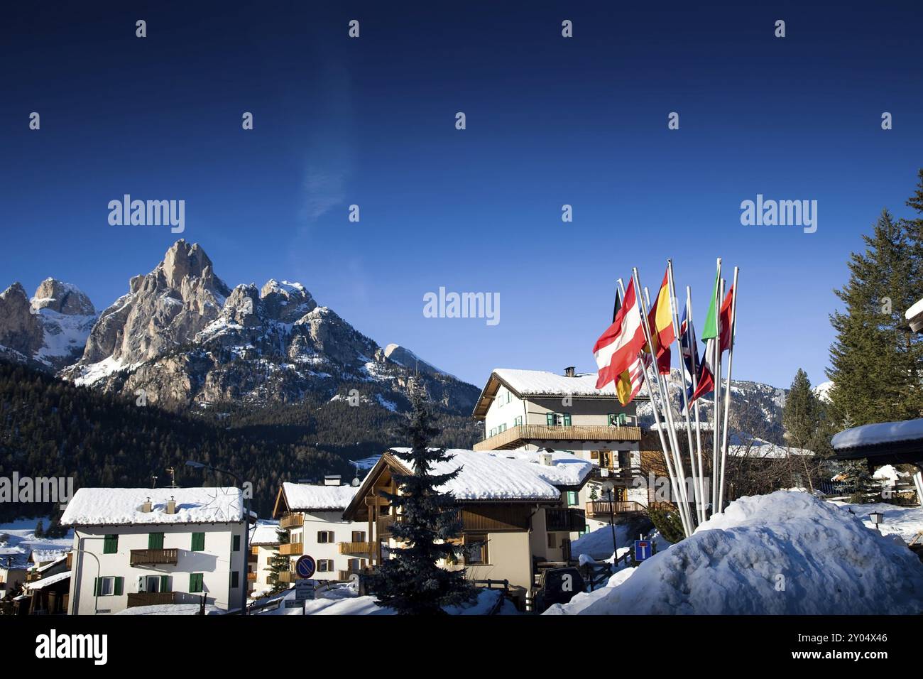 Ski Resort In Italian Alps. Flags Against Winter Landscape Stock Photo ...