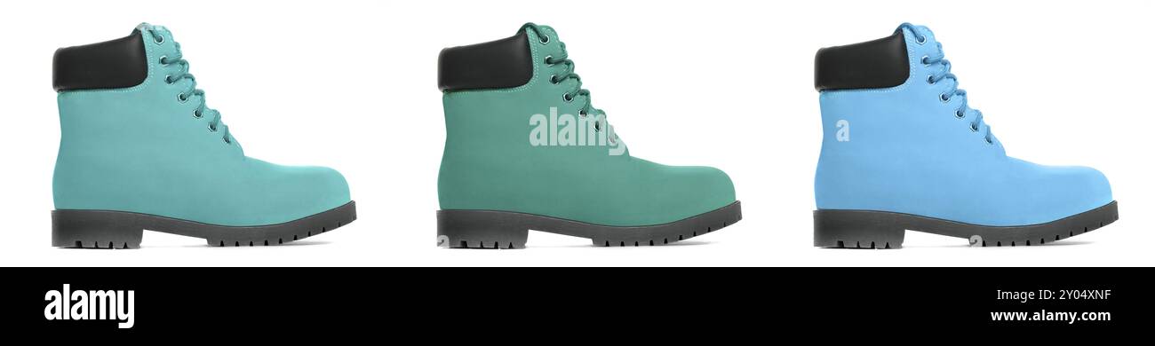 Three multicolored boot. Side view. Isolated on white background Stock ...