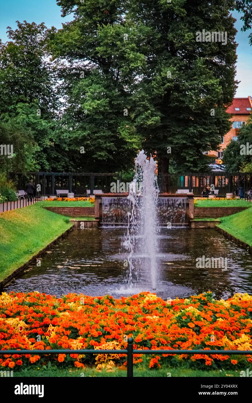 Fountain and flowers in Folkets park, the peoples park, in Malmo ...