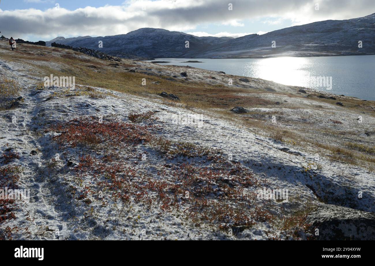 Hiking in autumn near the ruins of Hvalsey, southwest Greenland Stock ...