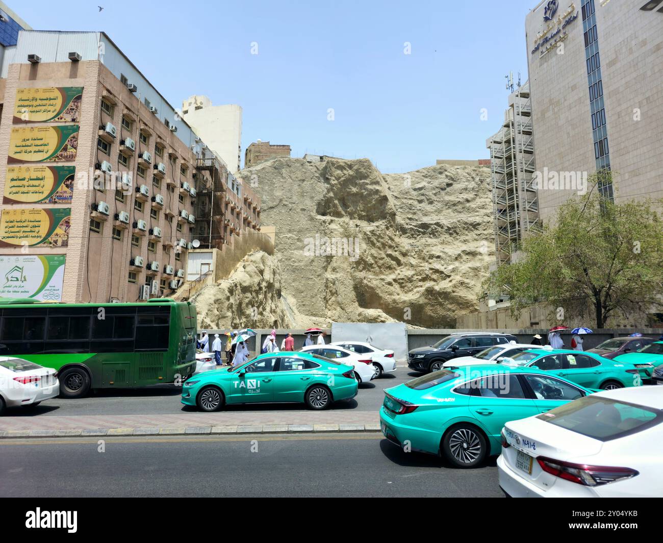 Mecca, Saudi Arabia, June 4 2024: Mecca Makkah Taxi, used to transport Hajj pilgrims inside and ...