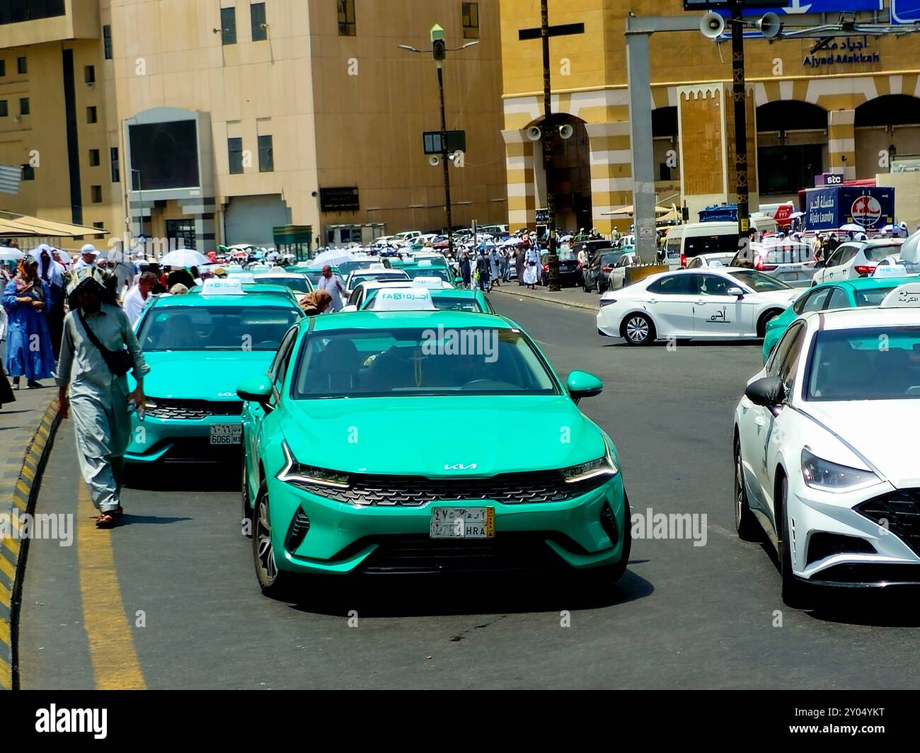 Mecca, Saudi Arabia, June 4 2024: Mecca Makkah Taxi, used to transport Hajj pilgrims inside and ...