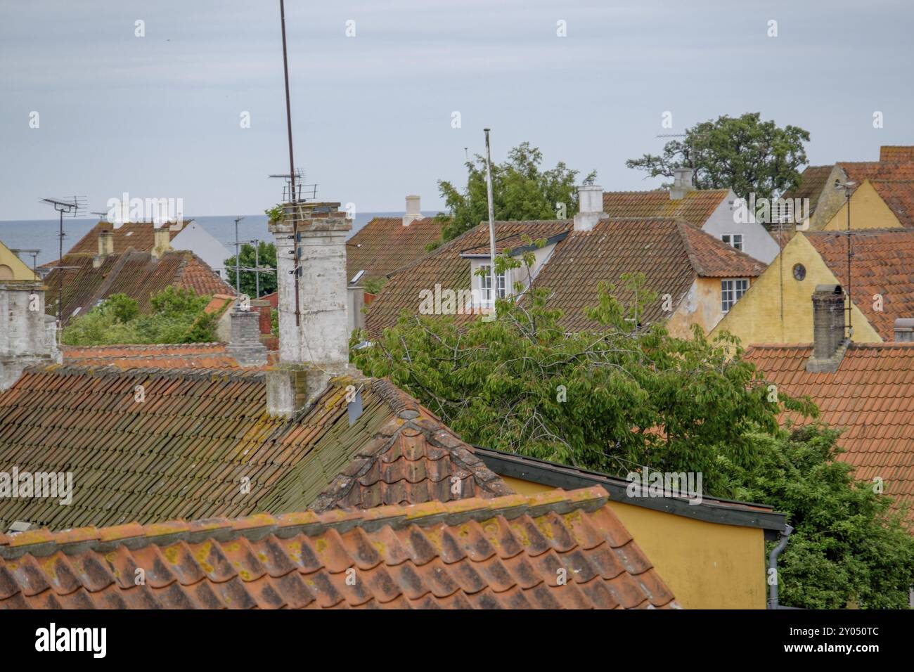 Overview of the roofs of a village with trees and chimneys under a ...