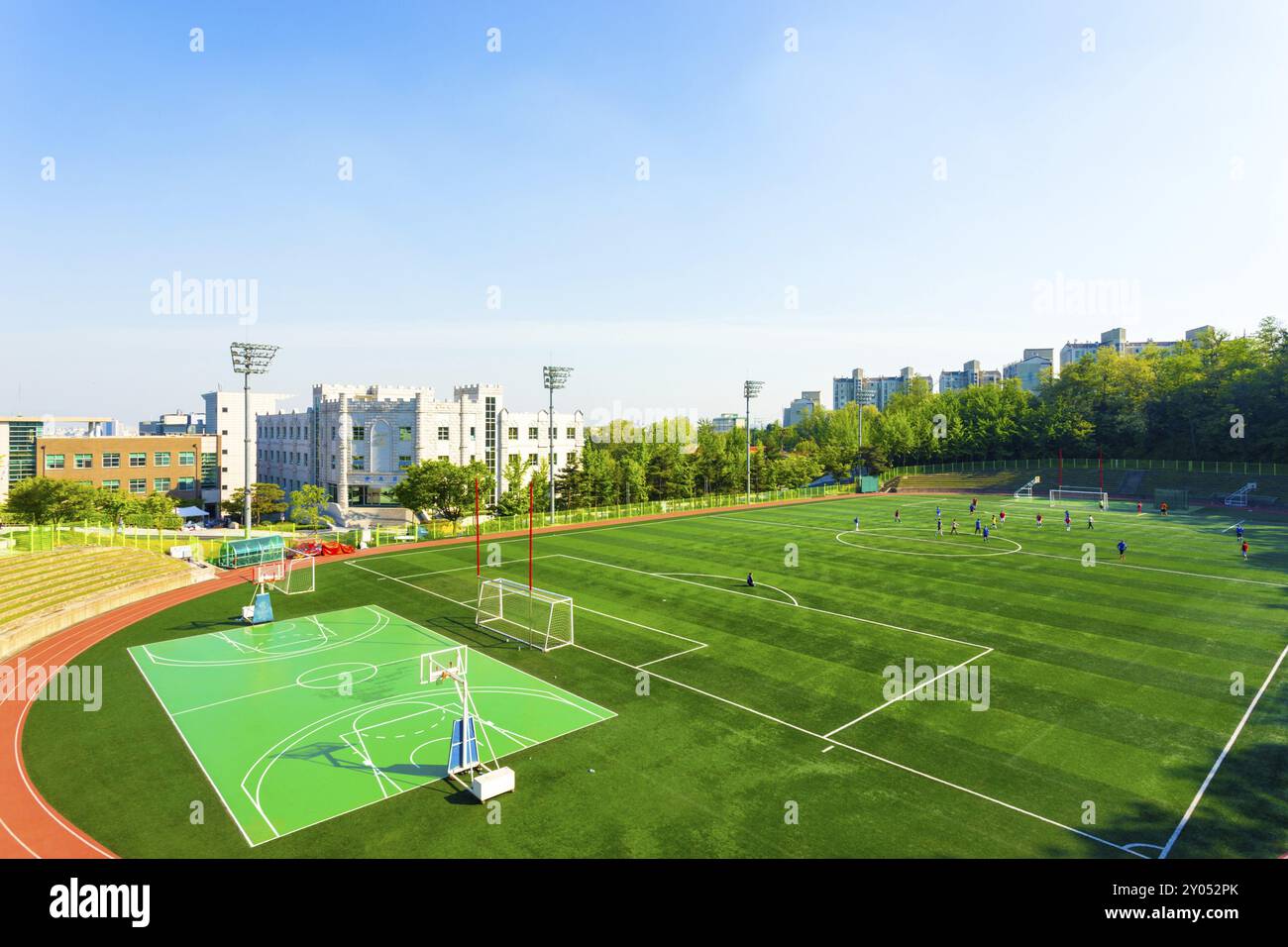 High angle view of artificial turf on the athletic soccer field at the ...