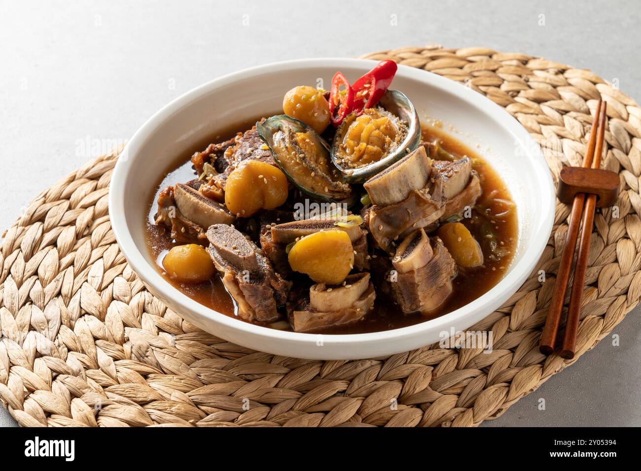 Korean food, barley oysters, stir-fried webfoot octopus, rice, side ...