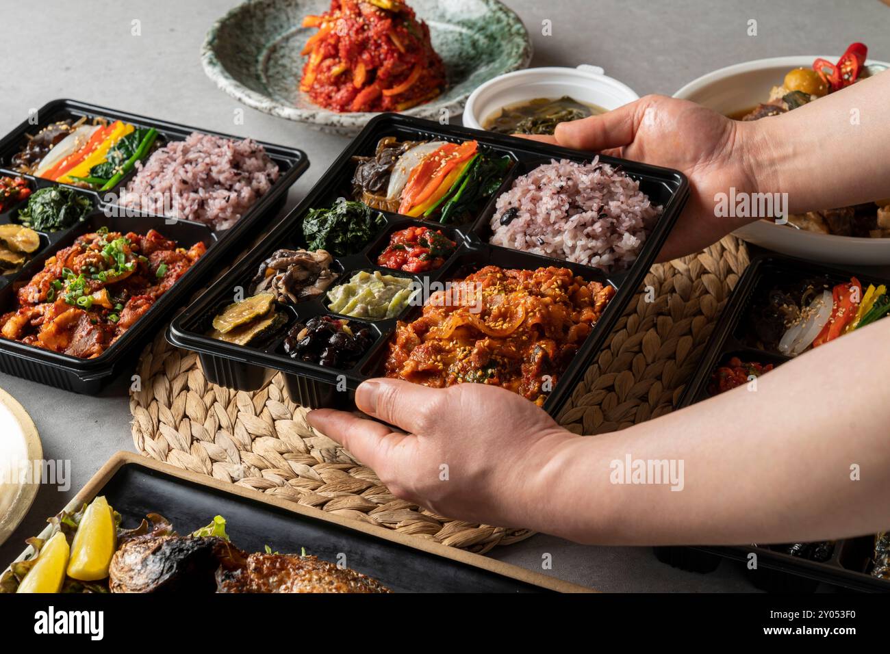 Korean food, barley oysters, stir-fried webfoot octopus, rice, side ...