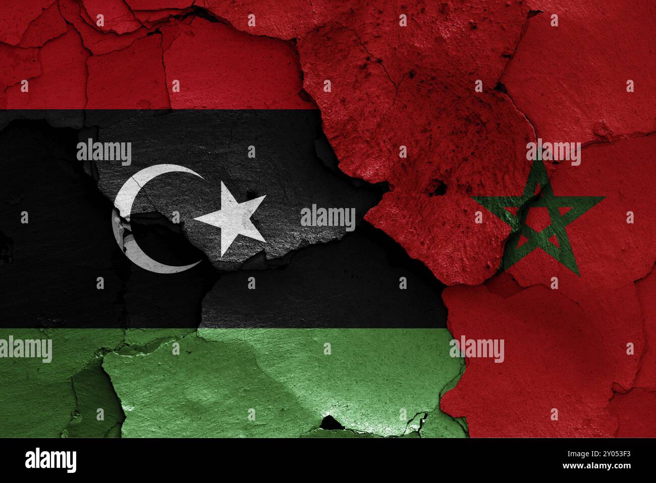 Flags of Libya and Morocco painted on cracked wall Stock Photo - Alamy