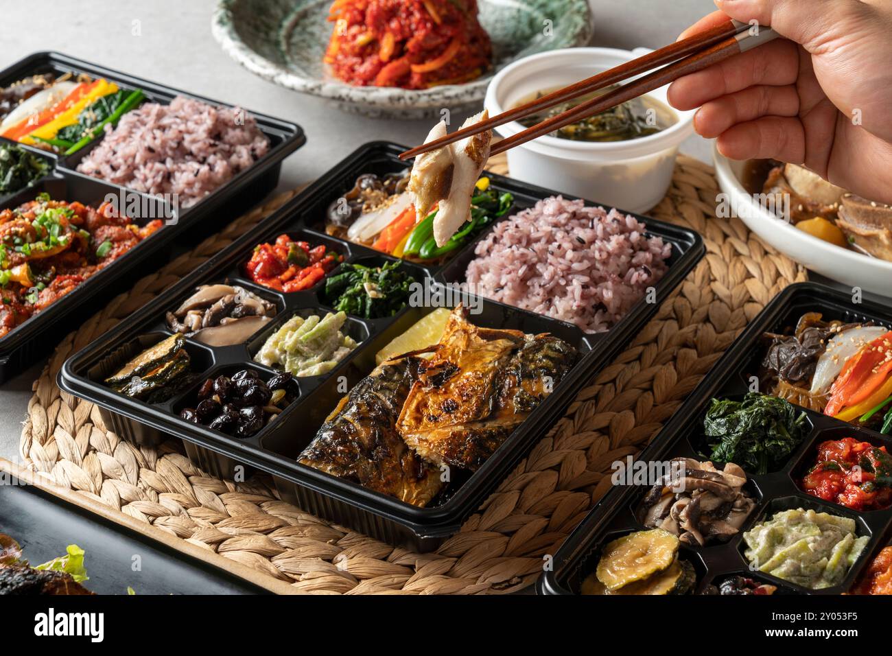 Korean food, barley oysters, stir-fried webfoot octopus, rice, side ...