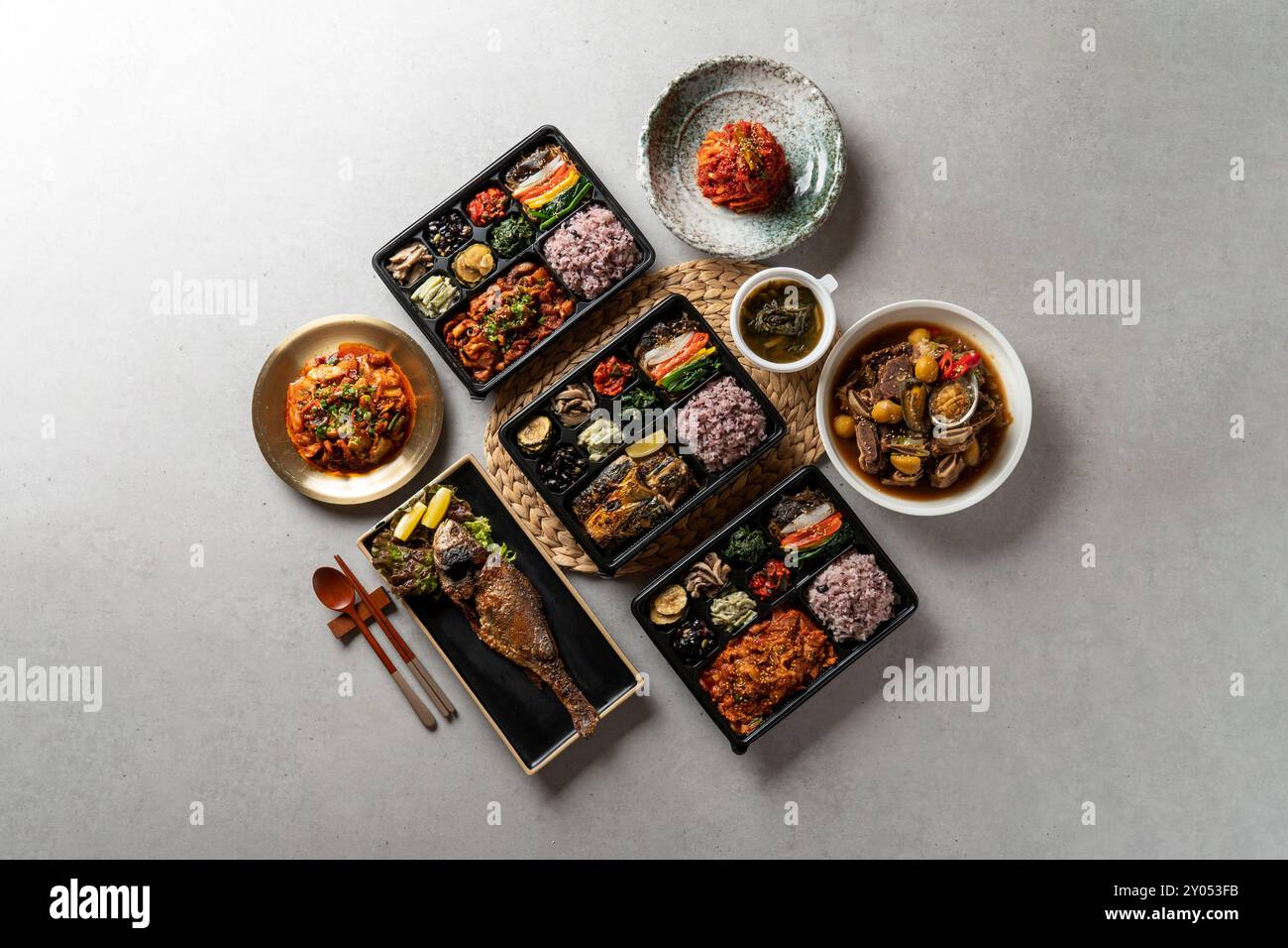 Korean food, barley oysters, stir-fried webfoot octopus, rice, side ...