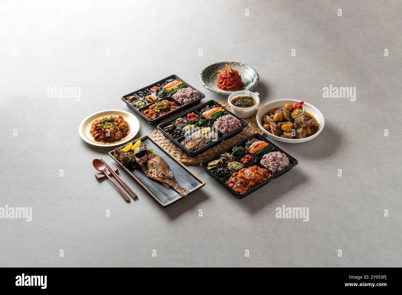 Korean food, barley oysters, stir-fried webfoot octopus, rice, side ...